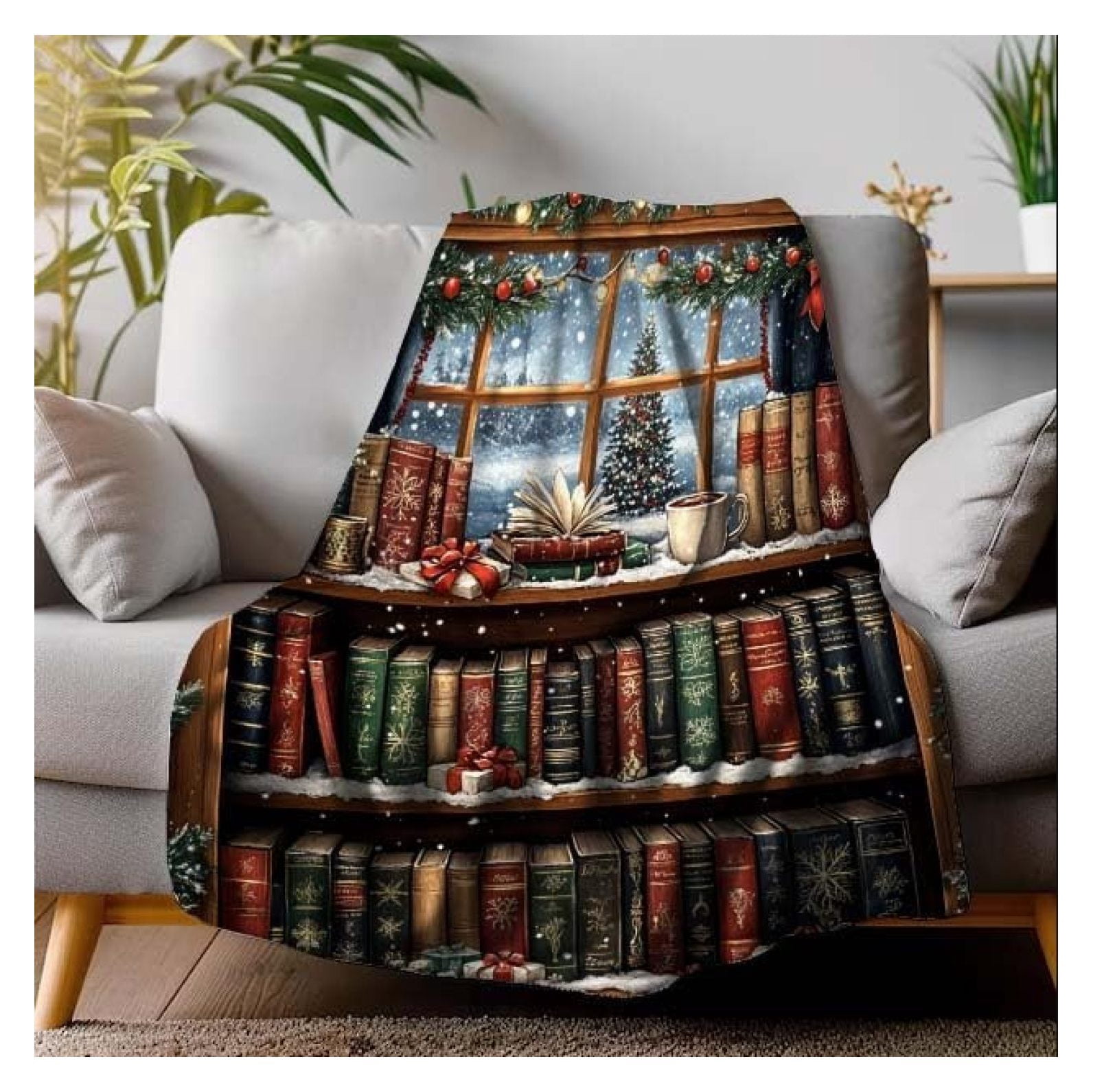 Bookshelf Blanket GiftChristmas Holiday Flannel Throw Cozy Reading ...