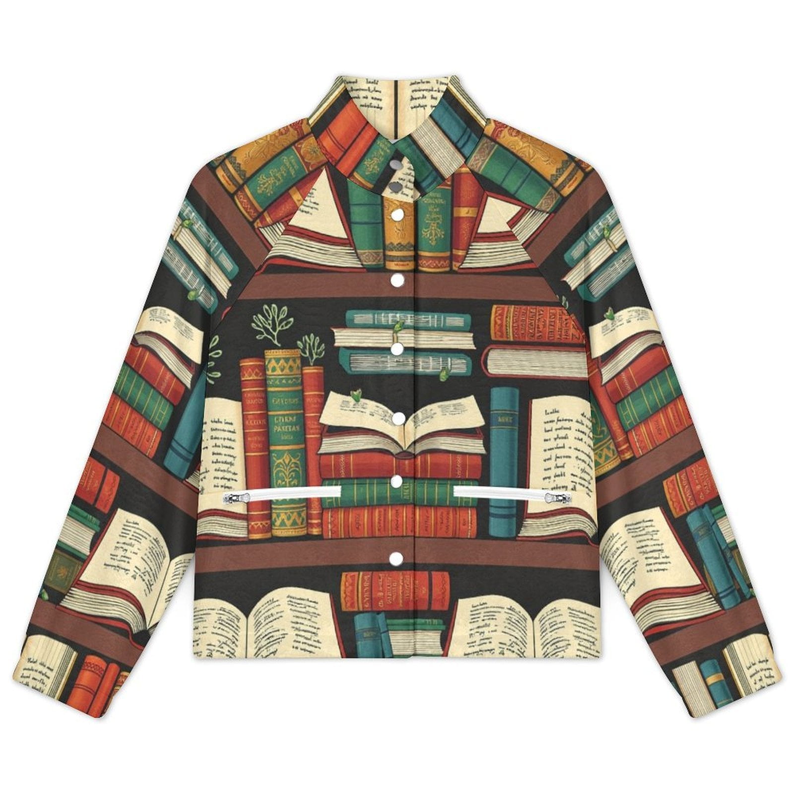 Bookshelf Book Pattern Warm Plush Jacket Women Autumn Winter Long ...