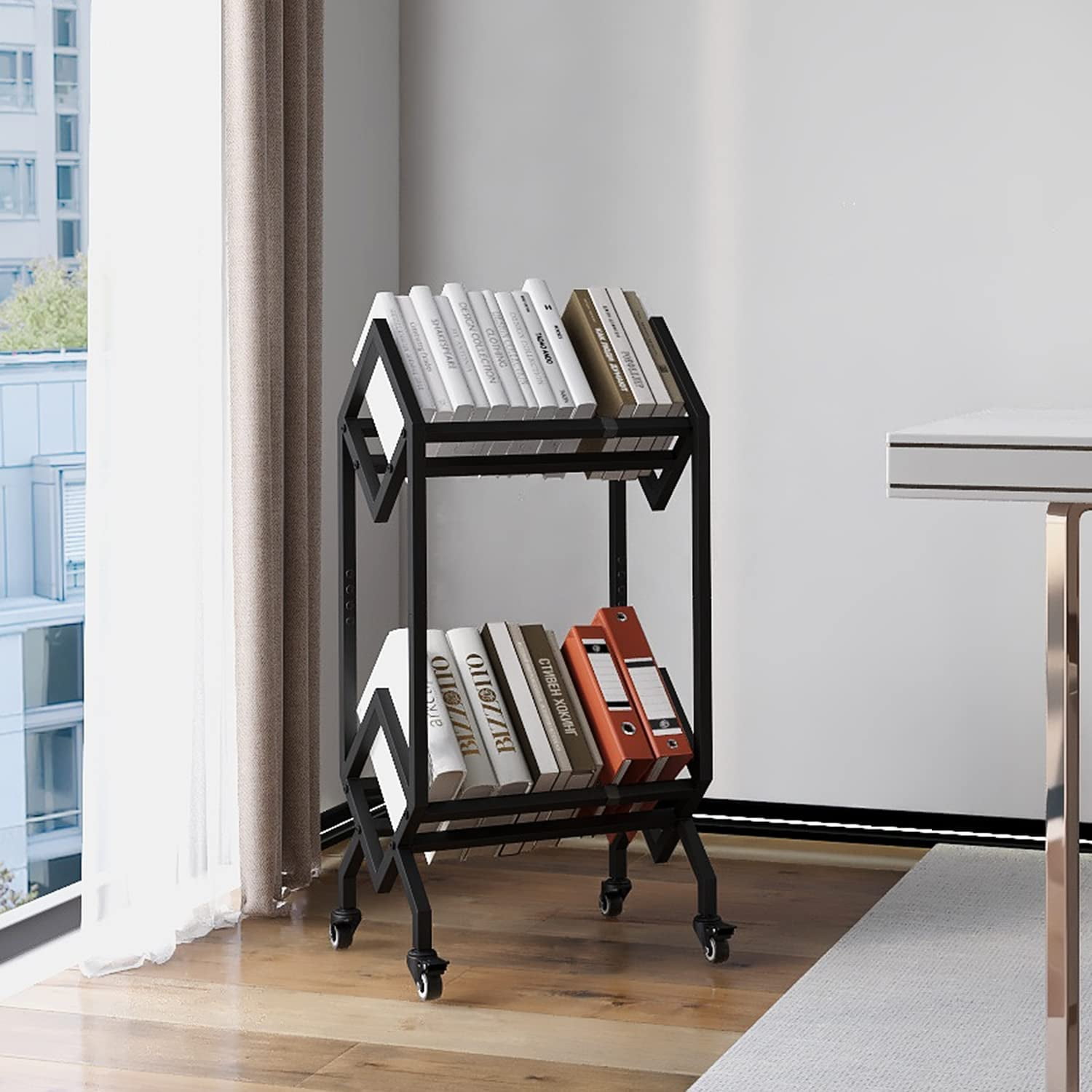 Bookshelf Book Rack Industrial Metal Bookcase 2 Tier Holder with Wheels ...