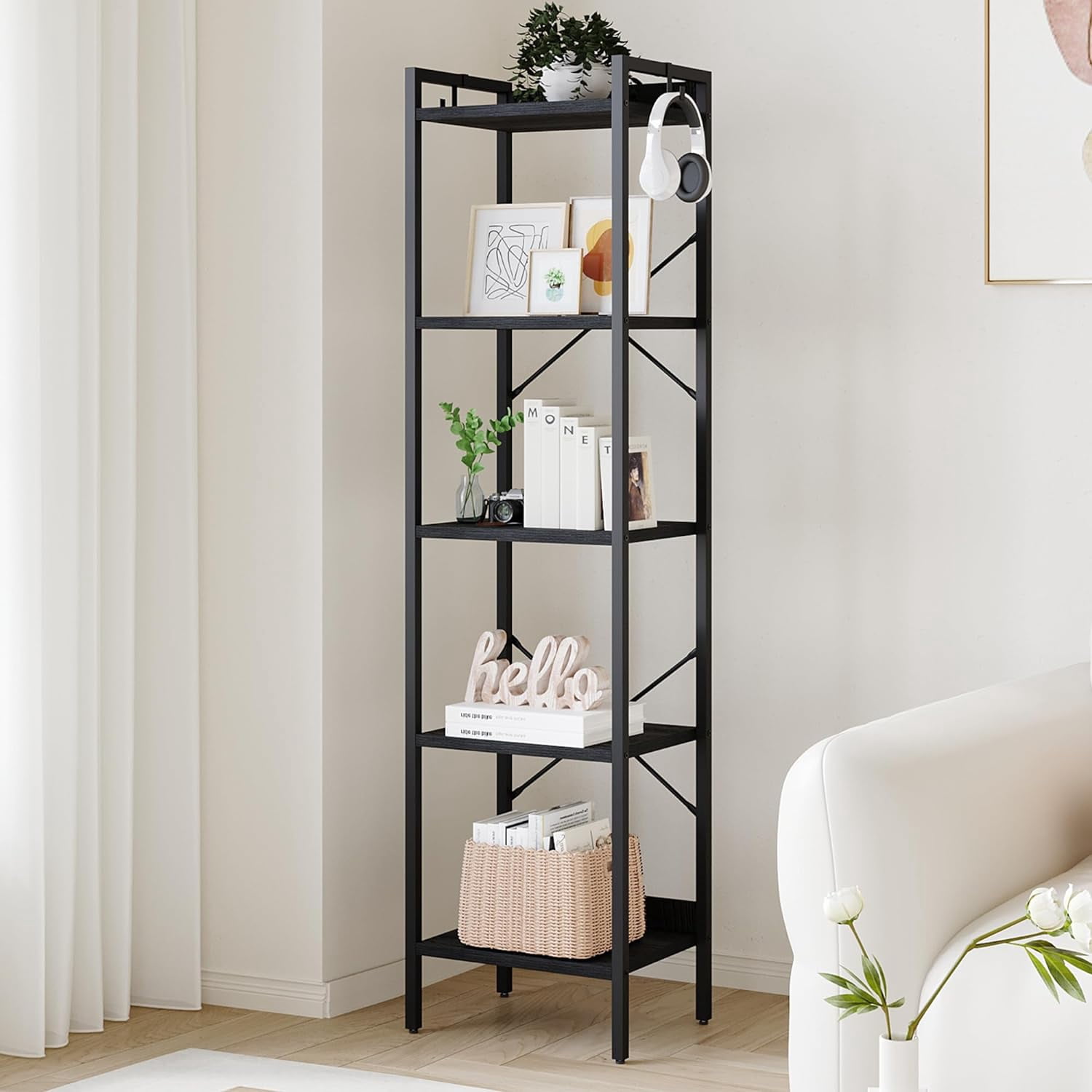 Bookshelf, Book Shelf, Industrial Bookcase with 2 Hooks, Coner Shelf ...