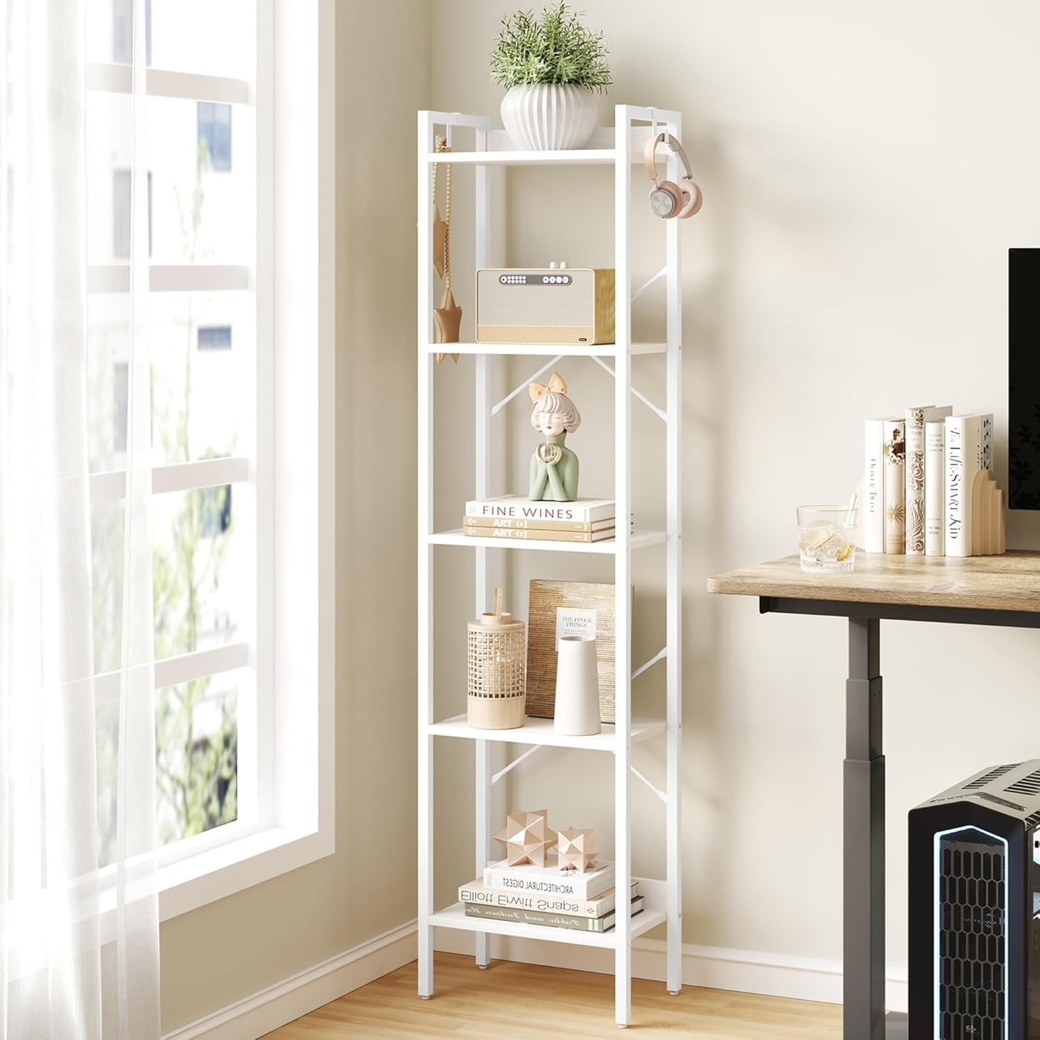 Bookshelf, Book Shelf, Industrial Bookcase with 2 Hooks, Coner Shelf ...