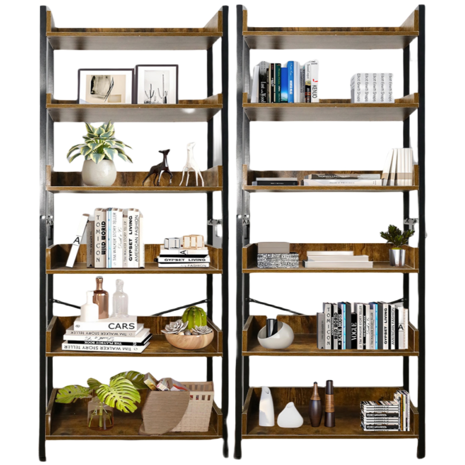 2PCS 6-Tier Bookshelf with Open Shelves, Vintage Free Standing Bookcase ...