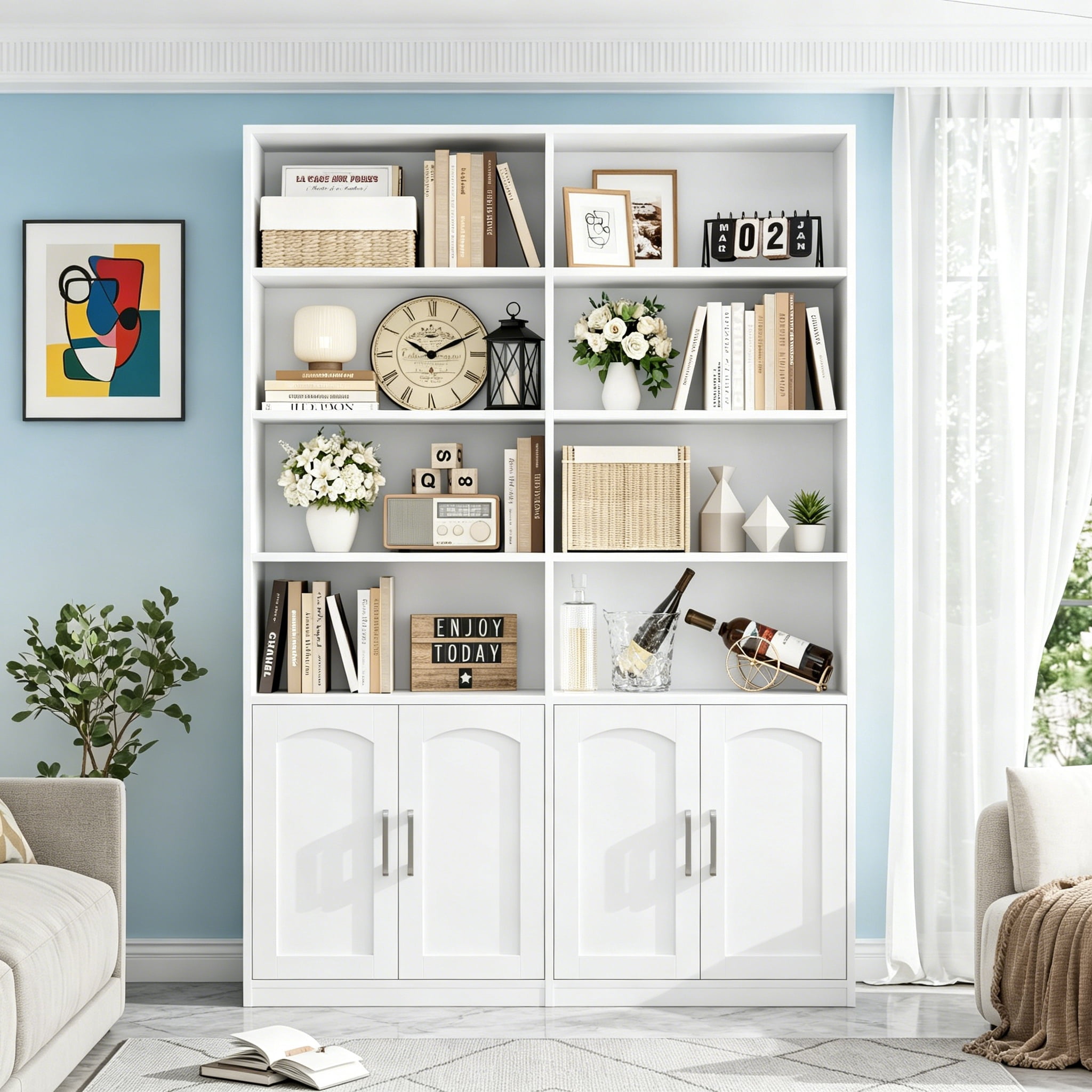 Bookshelf and Bookcase with Doors, 6-Tier Double Wide Large Bookshelf ...