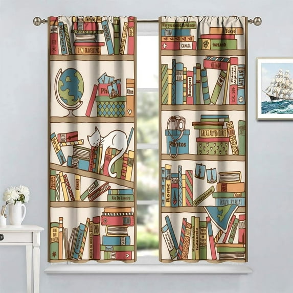 Bookshelf Cat Blackout Curtains, Boho Style Cartoon Fun Nerd Book Kitty ...