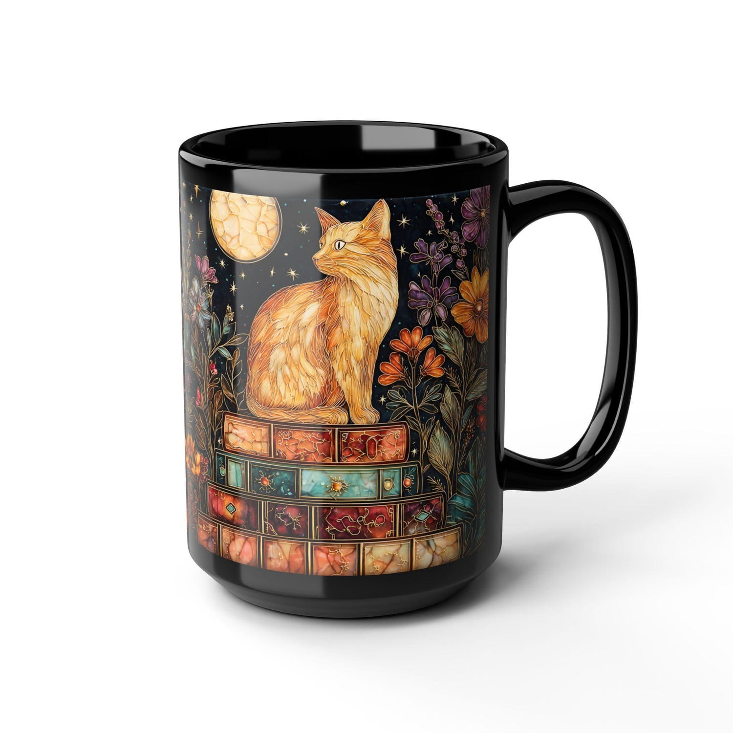 Bookshelf Cat Mug, Stained Glass Style, Gift for Cat Lover Celestial ...