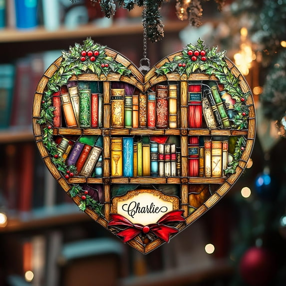 Bookshelf Christmas Acrylic Suncatcher, Personalized Book Lover Window ...