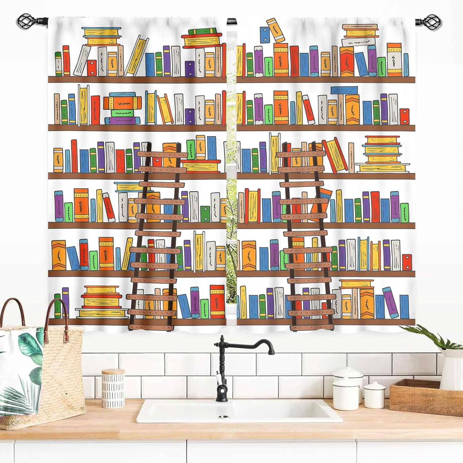Bookshelf Curtains, Cartoon Bookcase Reading Books Educational Window ...