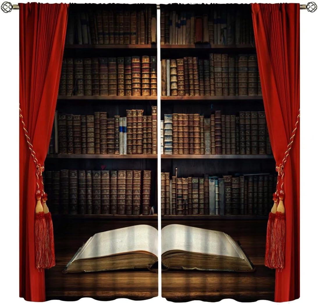 Bookshelf Curtains, Vintage Library with Books Window Treatments for ...