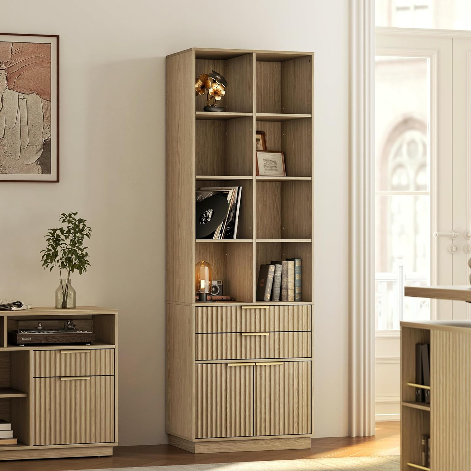 Bookshelf with Doors and 2 Drawers, 73 inch Fluted Tall Bookcase with 4 ...