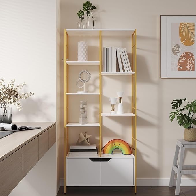Bookshelf with Doors, 6-Tier Shelf with Storage Cabinet, 67" Tall Open ...