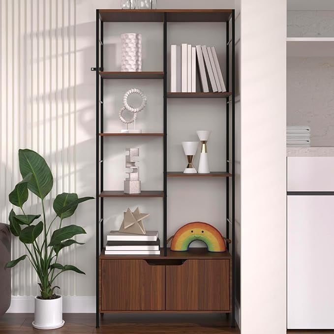Bookshelf with Doors, 6-Tier Shelf with Storage Cabinet, 67" Tall Open ...