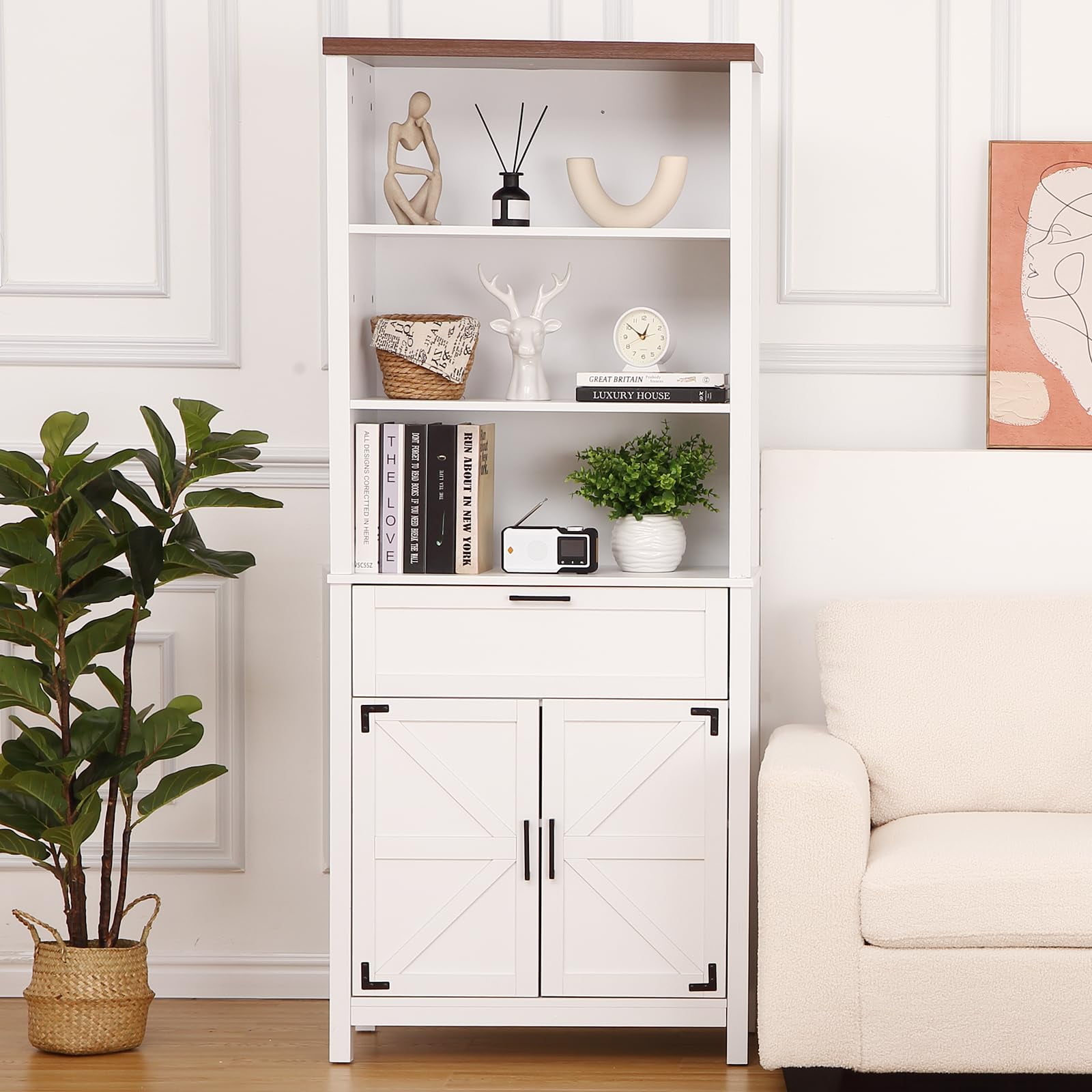 Bookshelf with Doors, 6-Tire Farmhouse Storage Cabinet Bookcase Floor ...