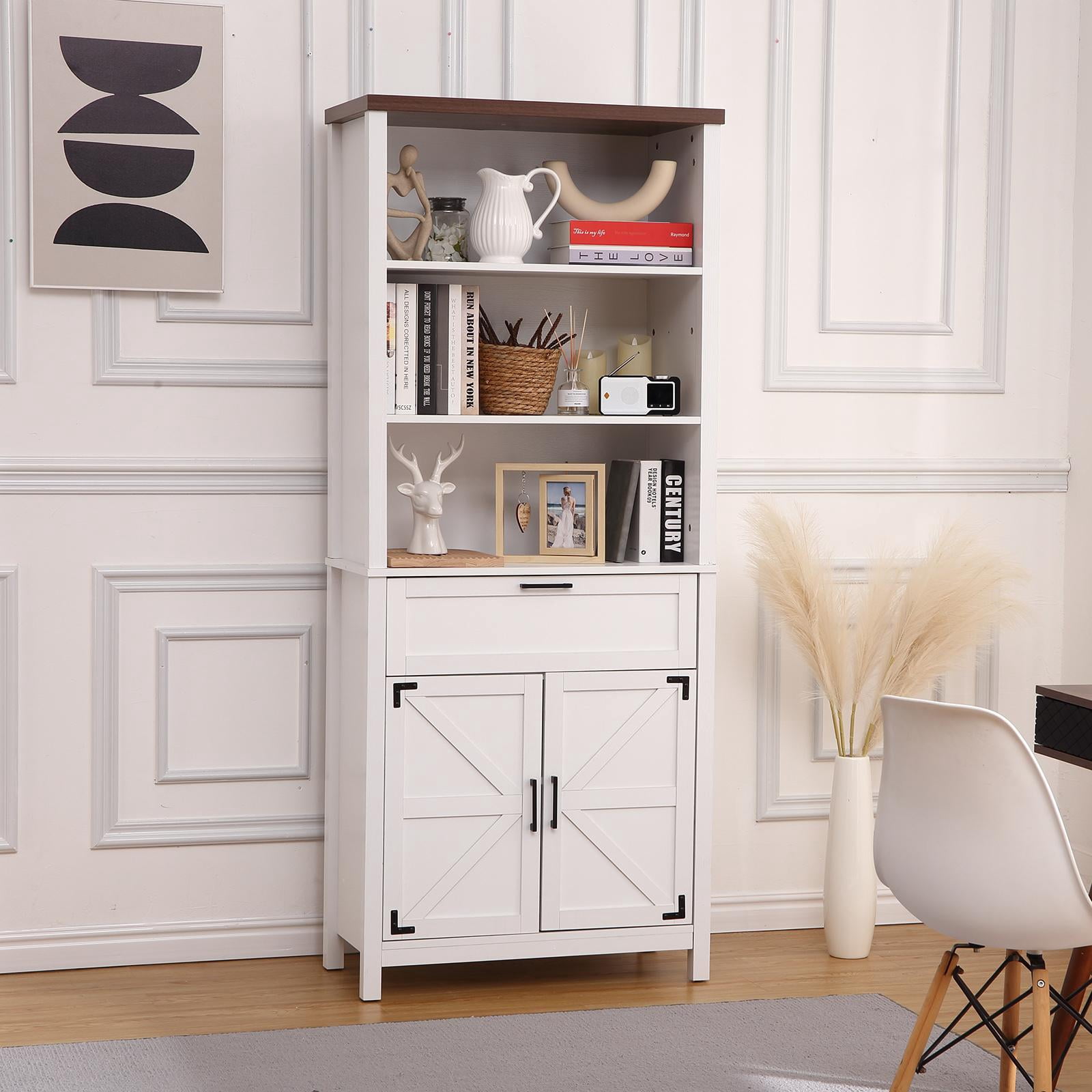 Bookshelf with Doors 6Tire Farmhouse Storage Cabinet Bookcase Floor ...