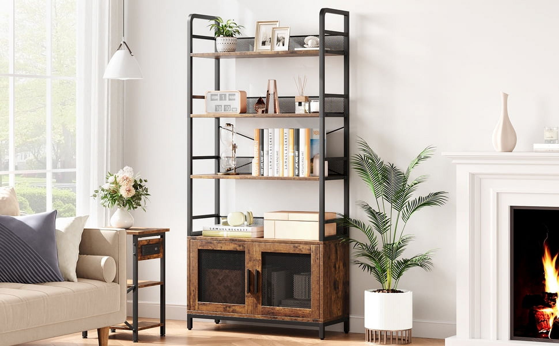 Bookshelf with Doors Farmhouse Bookcase Metal Frame Rustic Industrial ...