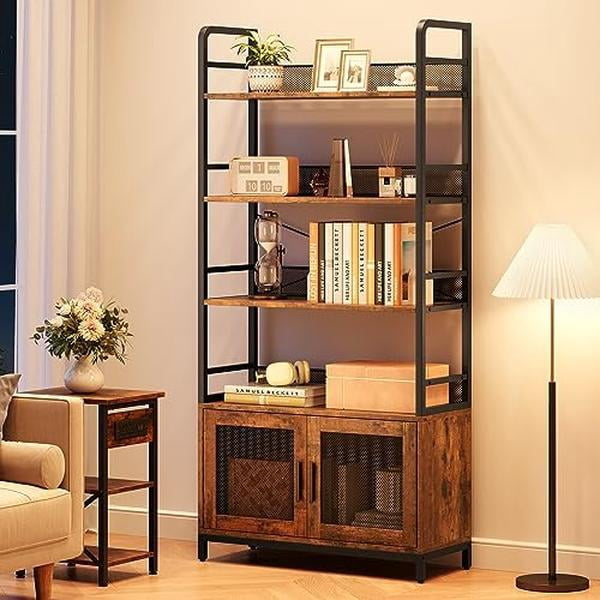 Bookshelf with Doors Industrial Bookcase with 4 Tiers Open Storage ...