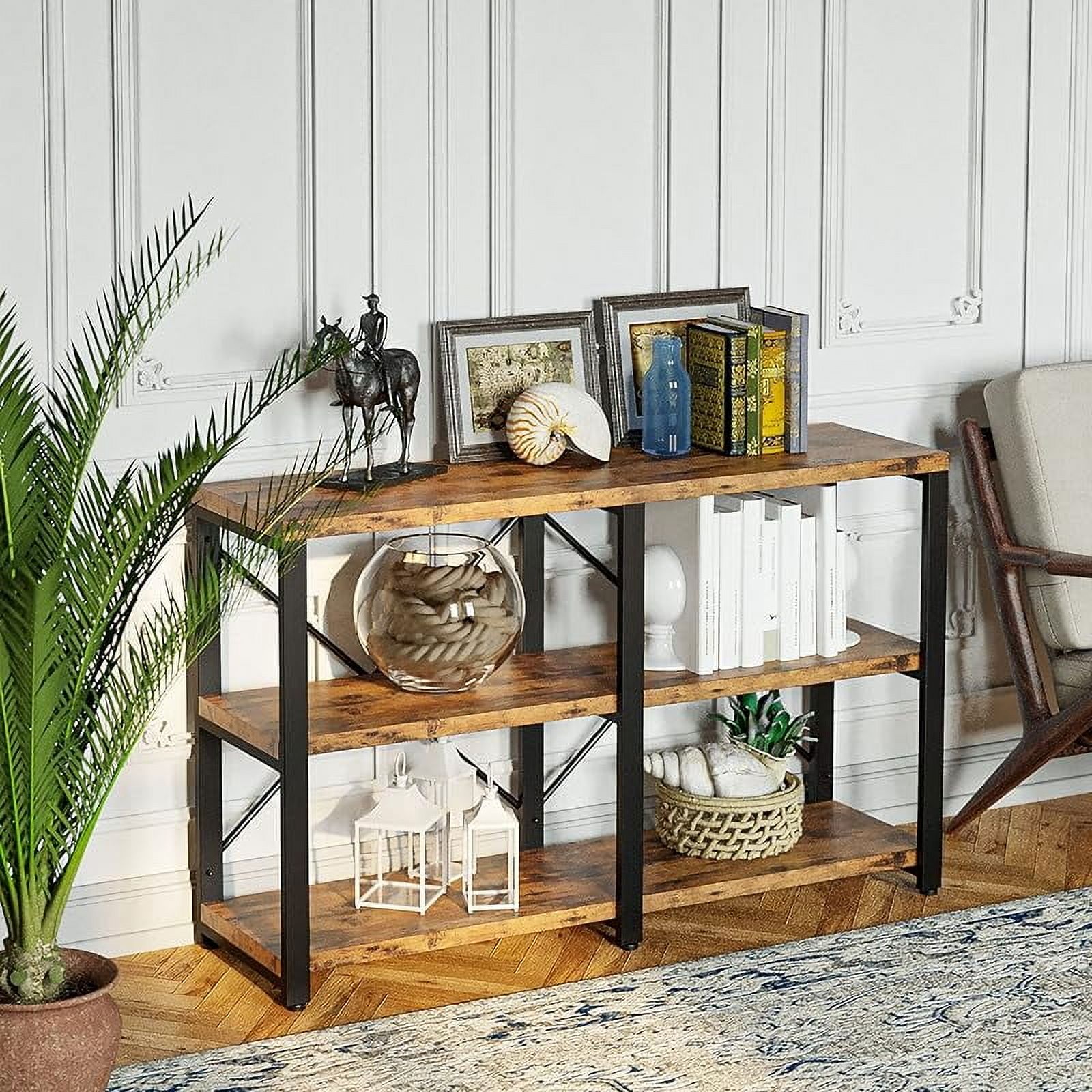 Bookshelf Double Wide 55 in 3-Tier, Industrial Bookcases, Wood and ...