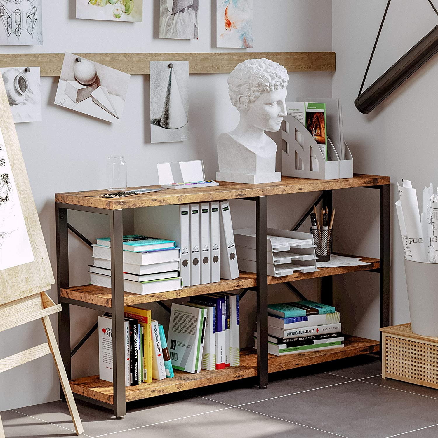 Bookshelf Double Wide 55 in 3-Tier, Industrial Bookcases, Wood and ...