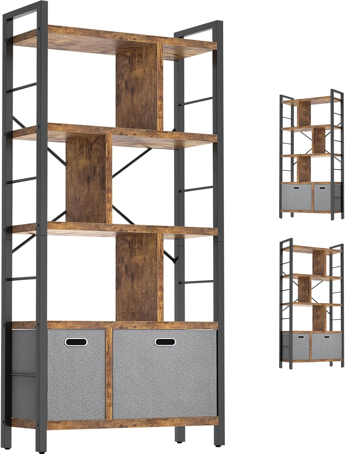Bookshelf with Drawers - 5 Tier Tall Bookcase Geometric Modern Book ...