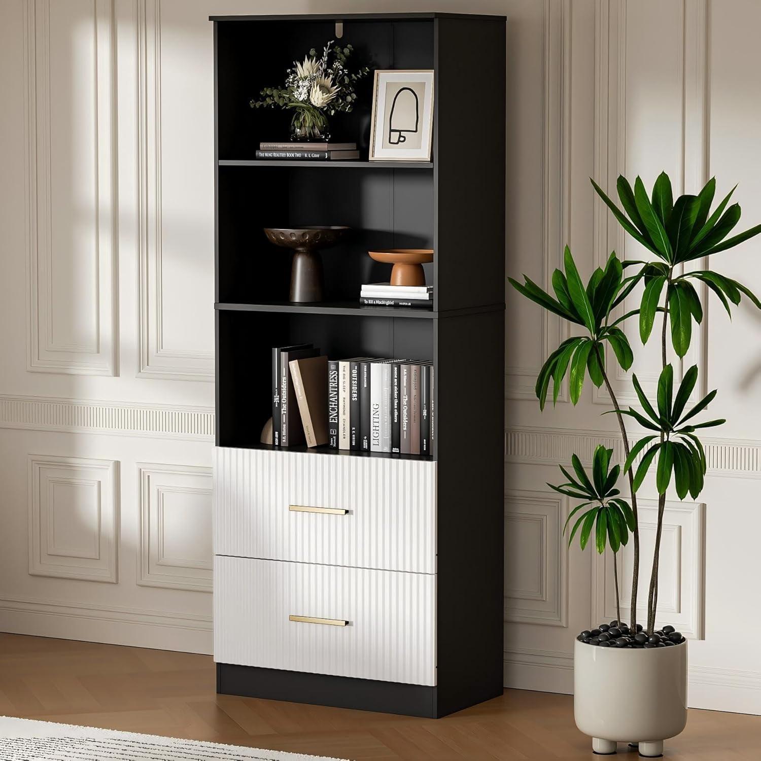 Bookshelf with Drawers, 63" Tall Fluted Bookshelf with Storage, 3 Shelf ...