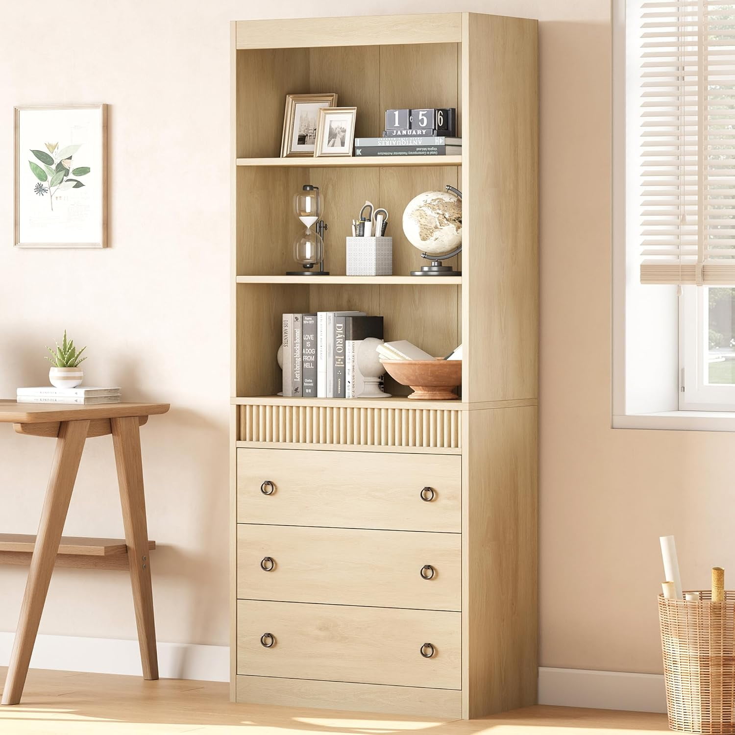 Bookshelf with Drawers 70.8" Fluted Bookcase, Light Wood Bookshelf 6 ...