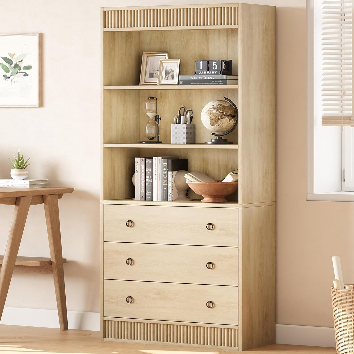 Bookshelf with Drawers 70.8" Fluted Bookcase, Light Wood Bookshelf 6 ...