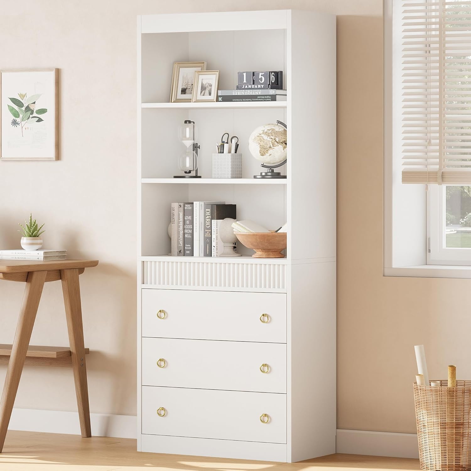 Bookshelf with Drawers 70.8" Fluted Bookcase, White Bookshelf 6 Tier ...