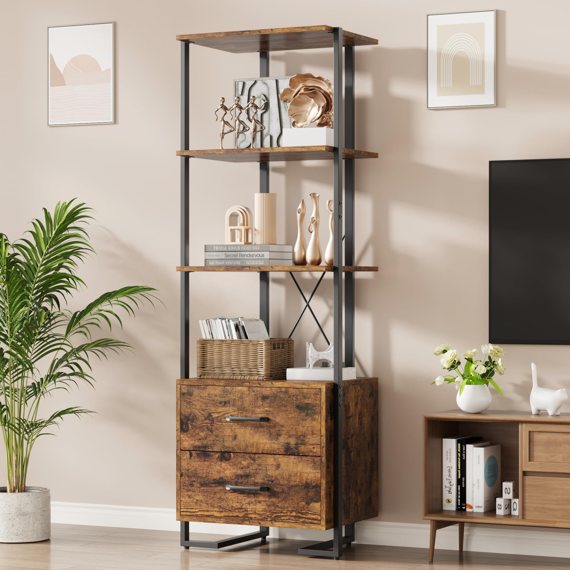 Bookshelf with Drawers, Industrial Bookcase with 4 Tiers Open Storage ...