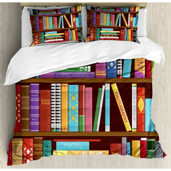 Bookshelf Duvet Cover Set King Size, Digital Drawing Graphic of Home ...