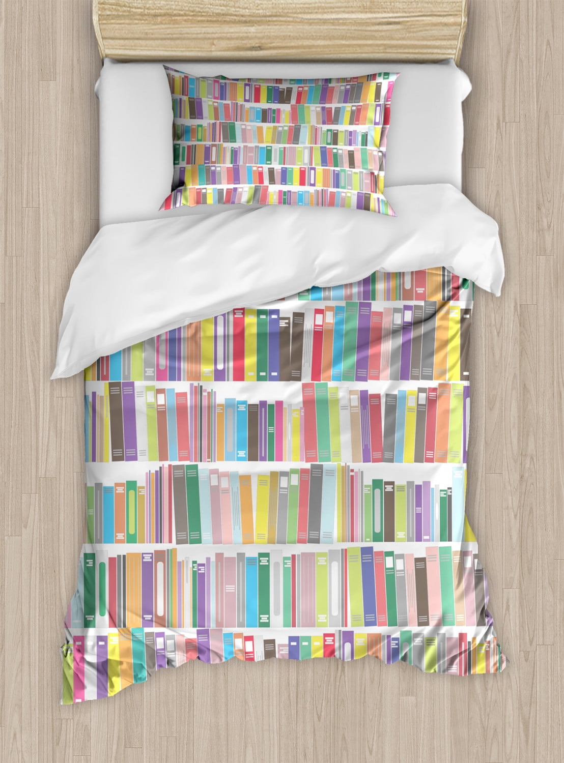 Bookshelf Duvet Cover Set Twin Size, Cartoon Library with Colorful ...