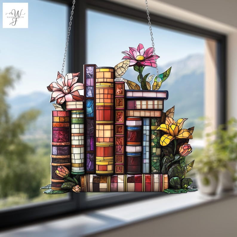 Bookshelf Flowers Acrylic Window Hanging Suncatcher Literary Boho Decor ...