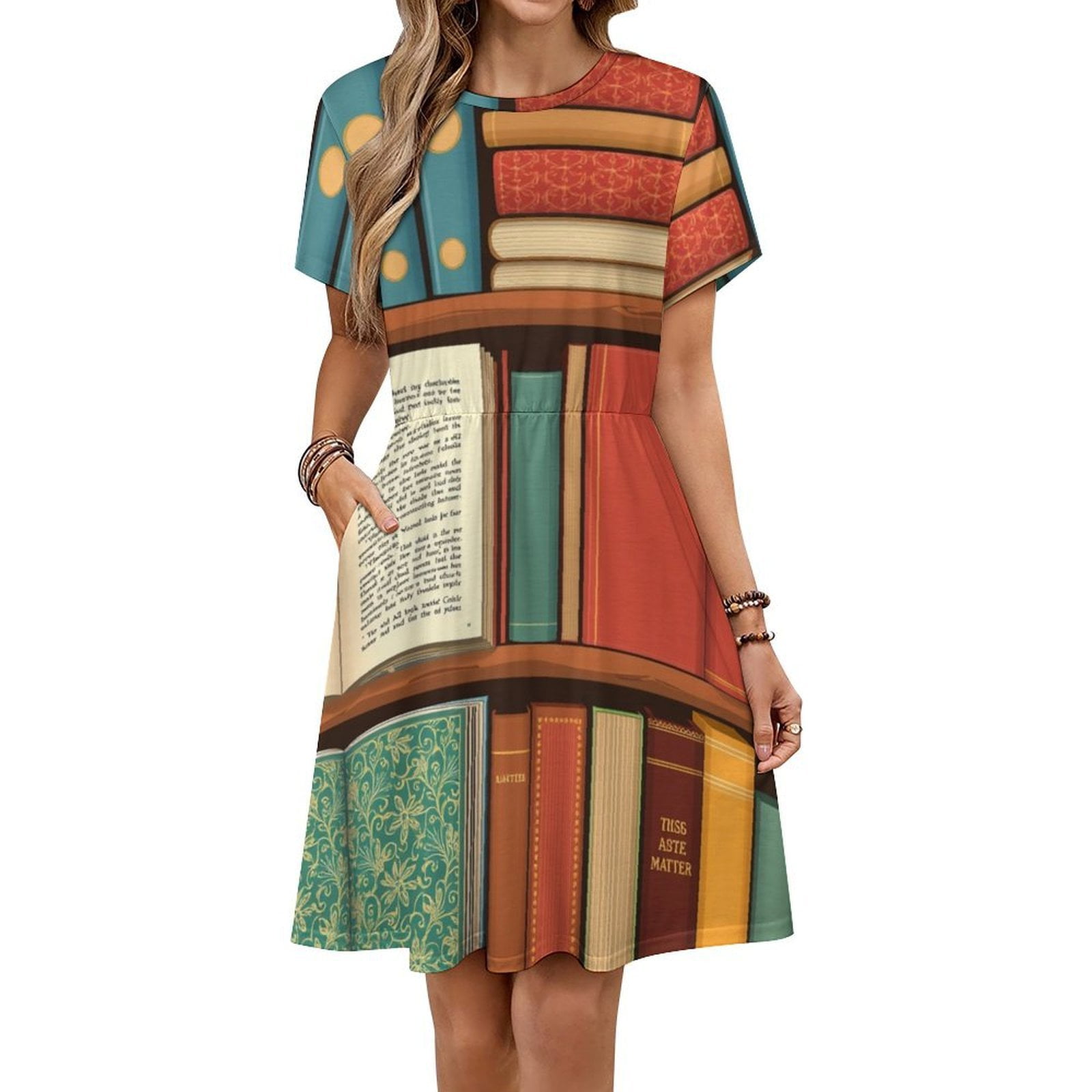 Bookshelf Full Books Dress Fashion Beach Short Sleeve Dresses Female ...