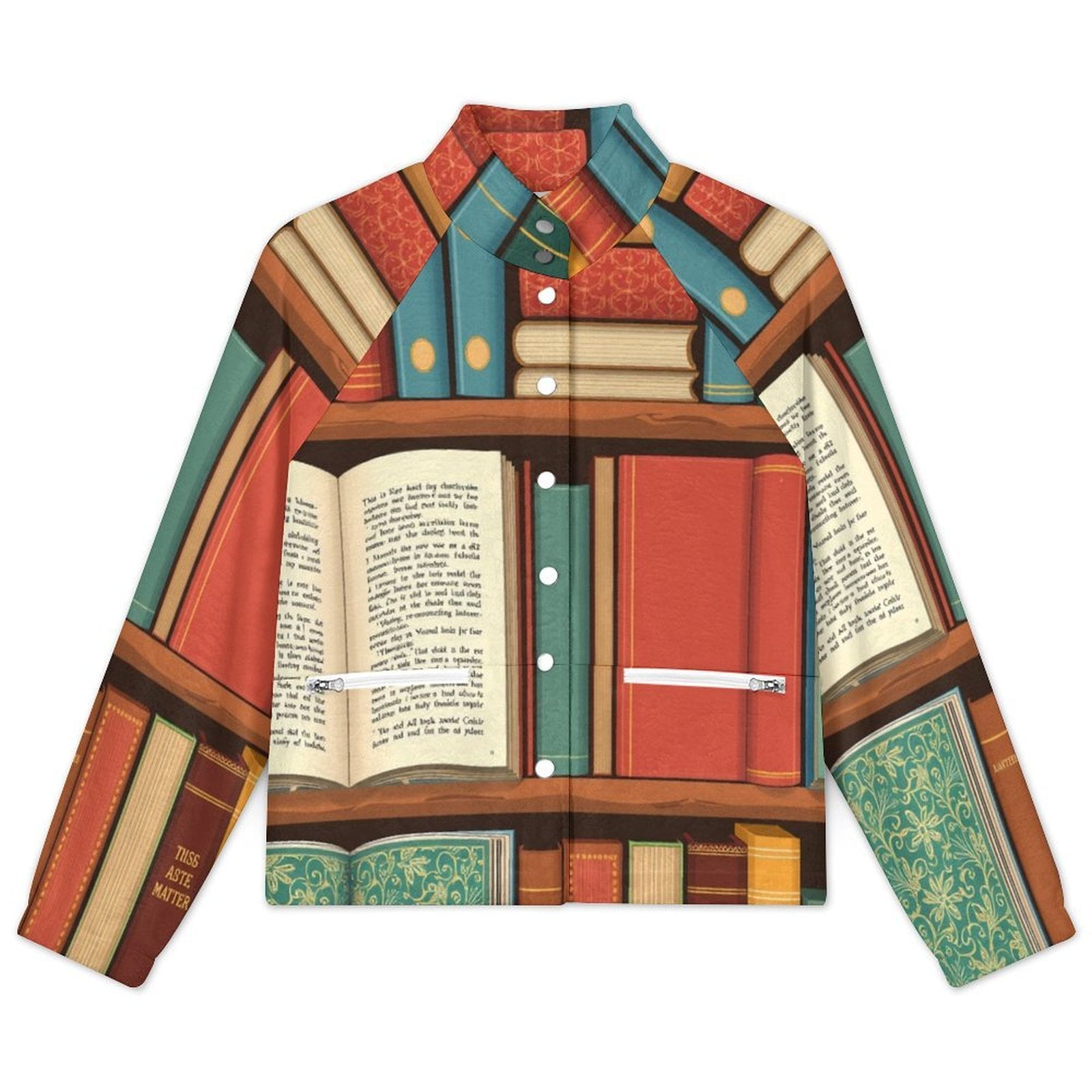 Bookshelf Full Books Jacket Women's Stand Collar Warm Outwear Autumn ...