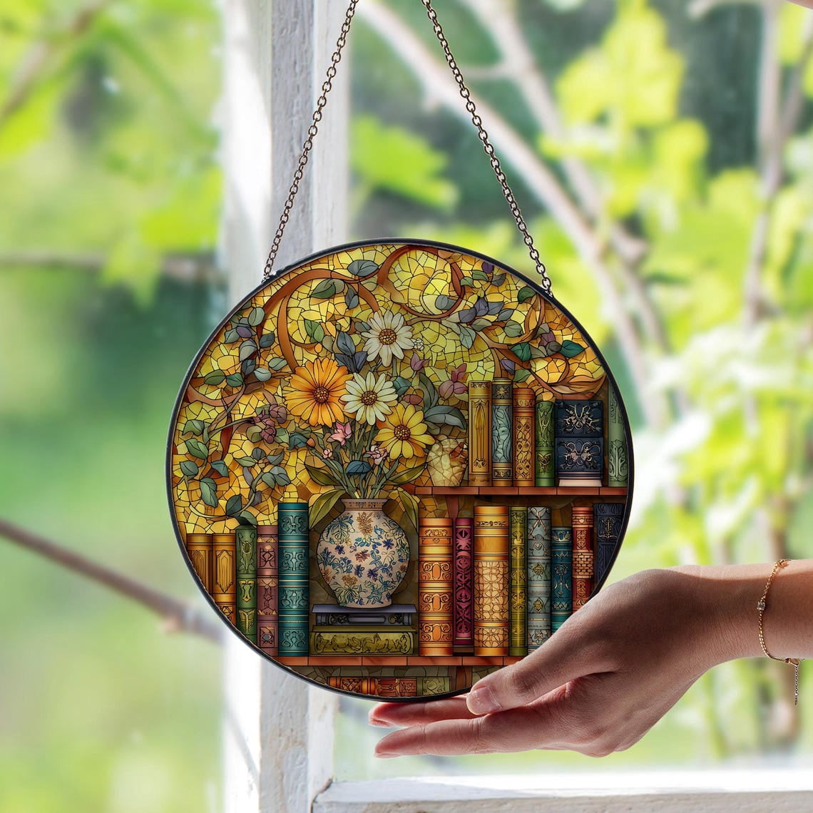 Bookshelf Glass Suncatcher v2, Cozy Library Decor Panel, Reader Home ...