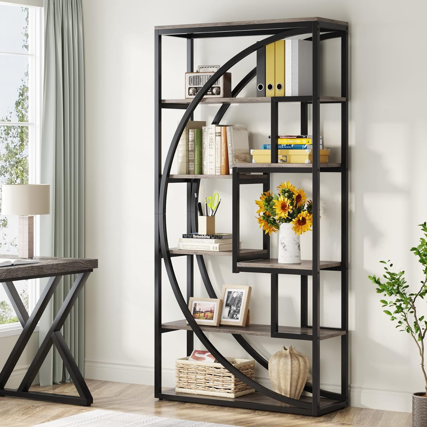 Bookshelf, Industrial 5-Tier Etagere Bookcase, 70.8 inch Tall Bookshelf ...