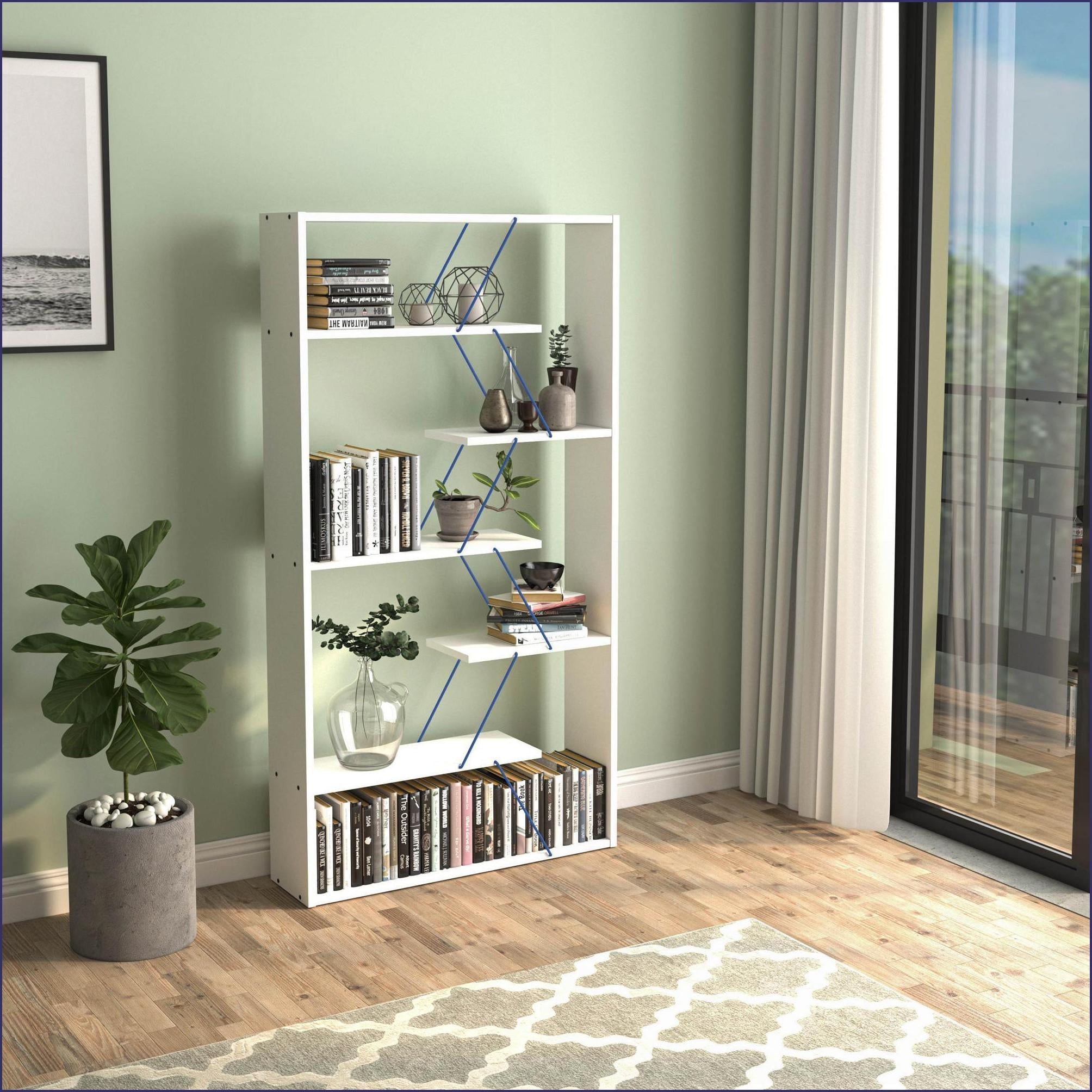 Bookshelf, Industrial 5-Tier Open Back Royal Blue Metal Frame White ...