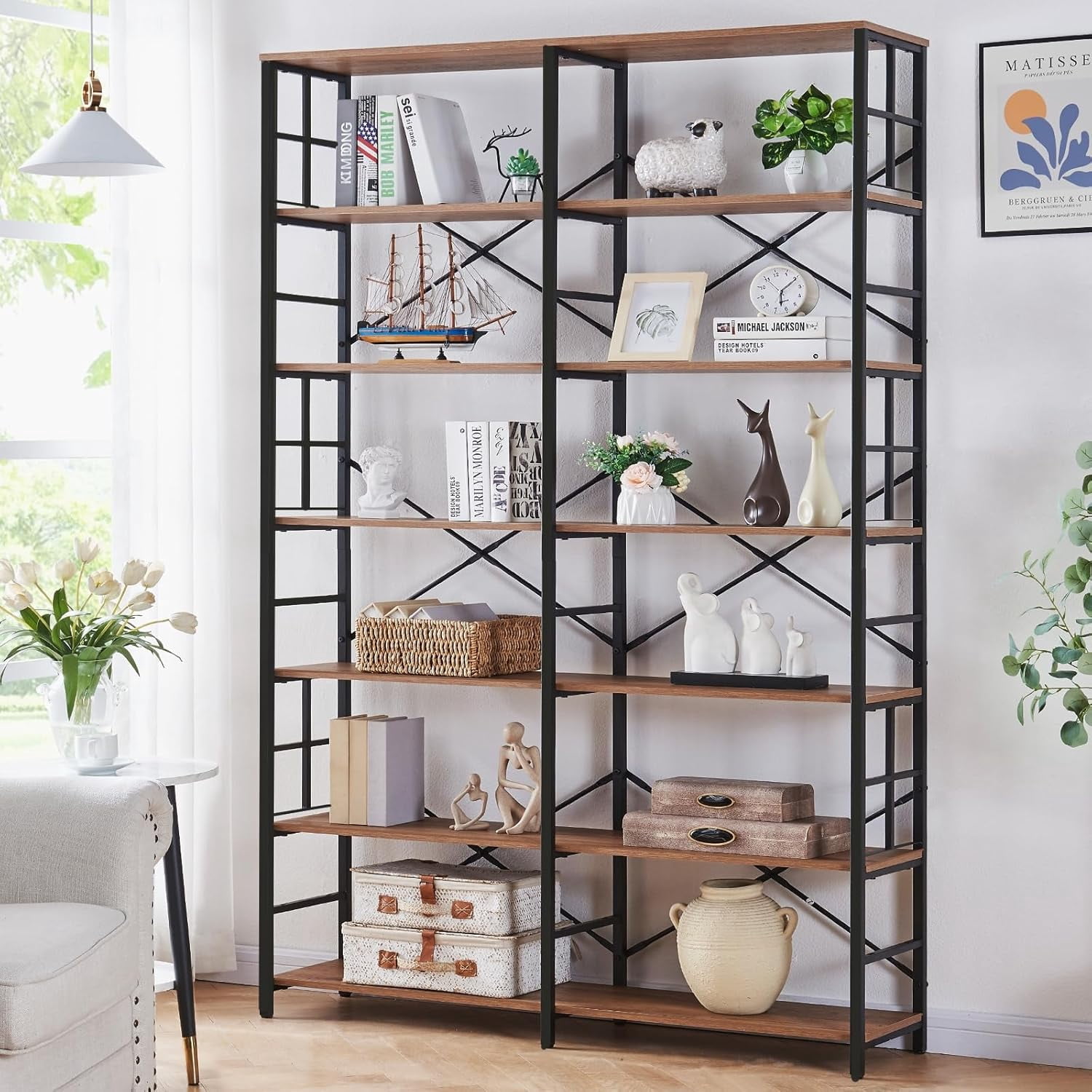 Bookshelf, Industrial Double Wide 7-Tier Bookshelves, 84" Tall Bookcase ...