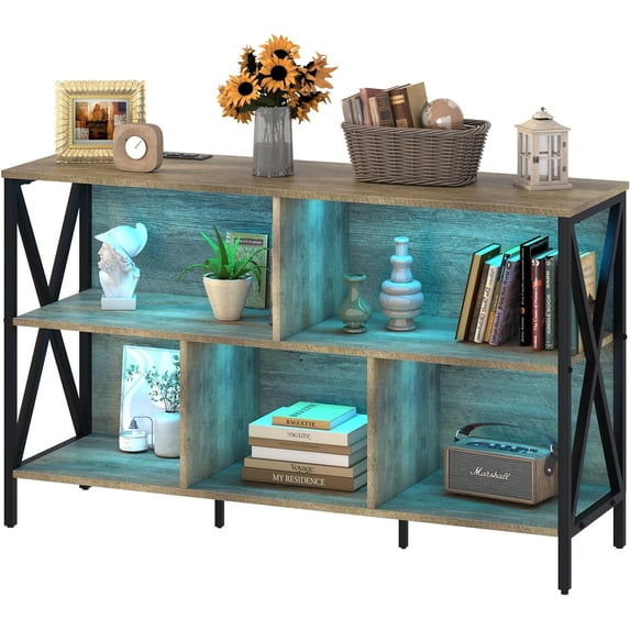 Bookshelf,Industrial Modern 5 Cube Low Wide Cubby Bookcase with led ...