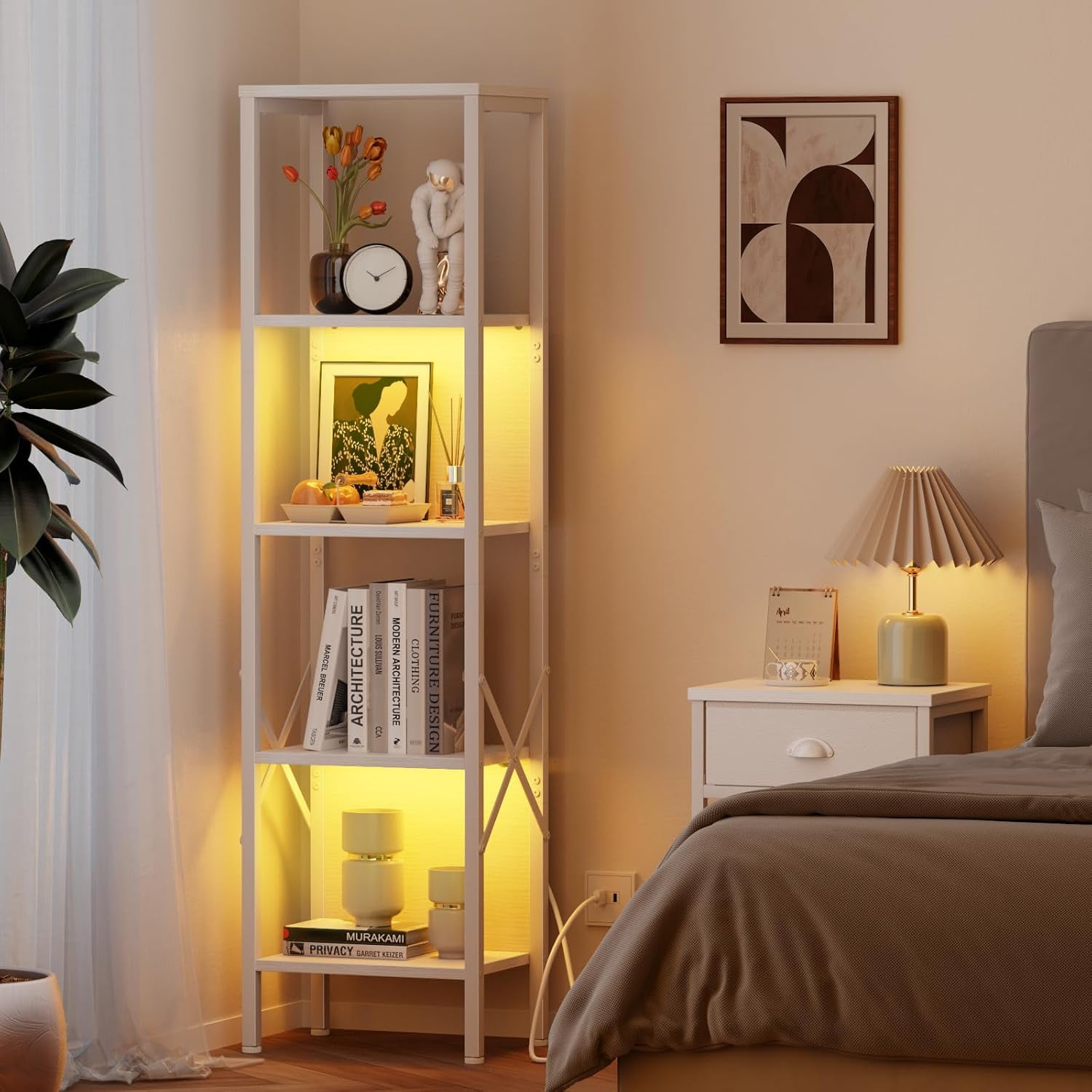 Bookshelf with LED Lights, 5 Tier Display Shelf with Back, Tall Narrow ...