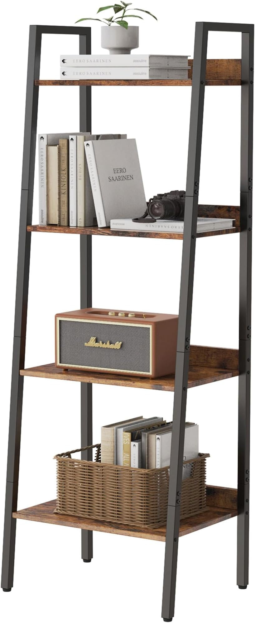 Bookshelf, Ladder Shelf with Frame, 4-Tier Industrial Bookcase, Narrow ...