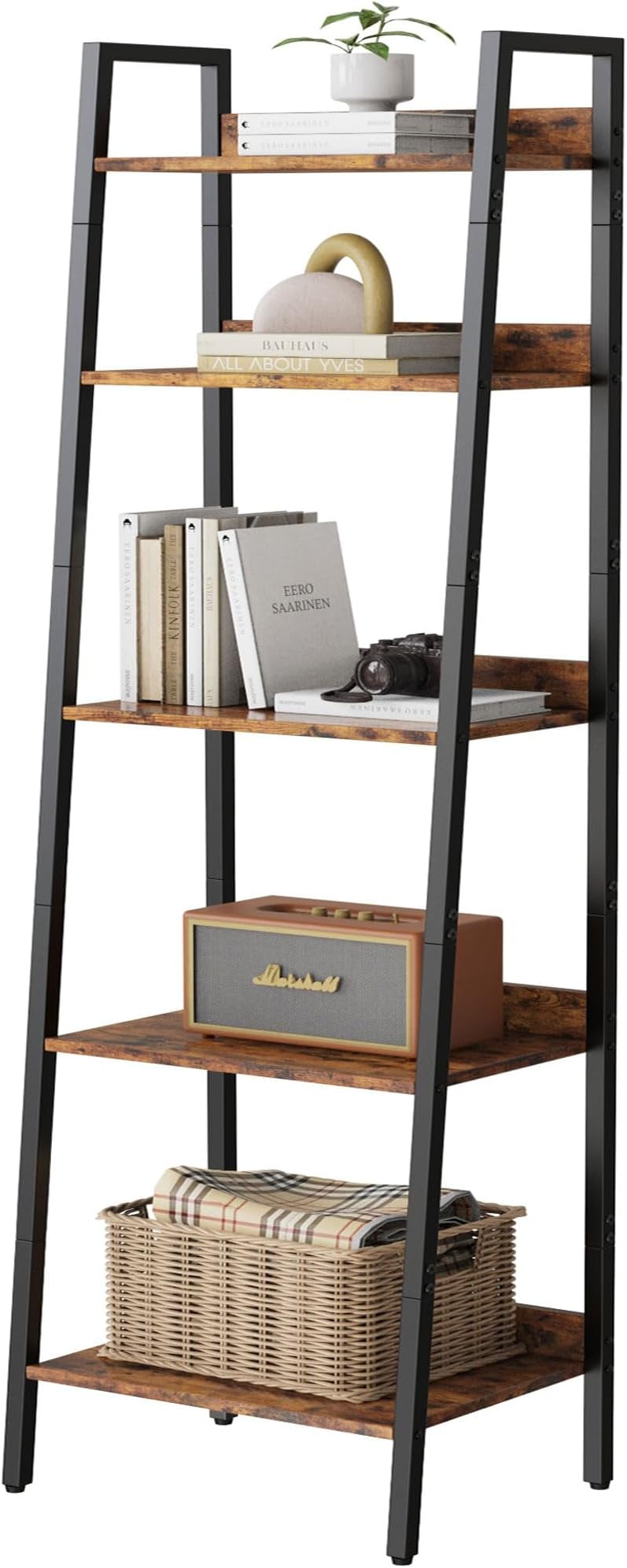 Bookshelf, Ladder Shelf with Frame, 5-Tier Industrial Bookcase, Narrow ...