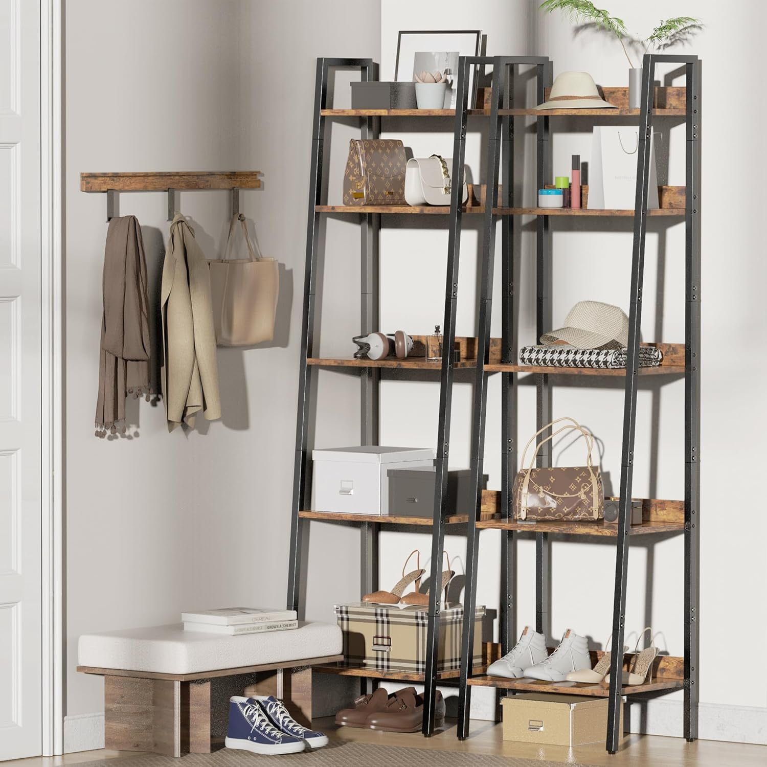 Bookshelf, Ladder Shelf with Steel Frame, 5-Tier Industrial Bookcase ...