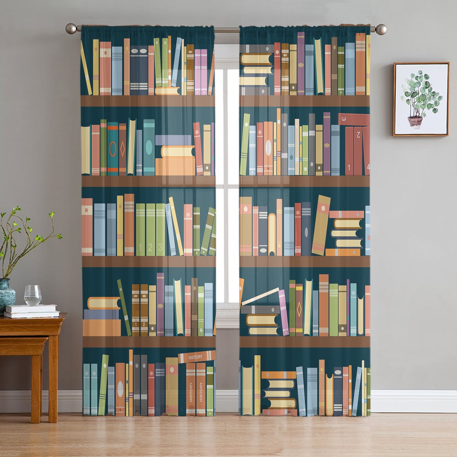Bookshelf Library Book Sheer Curtains for Living Room ration Window ...