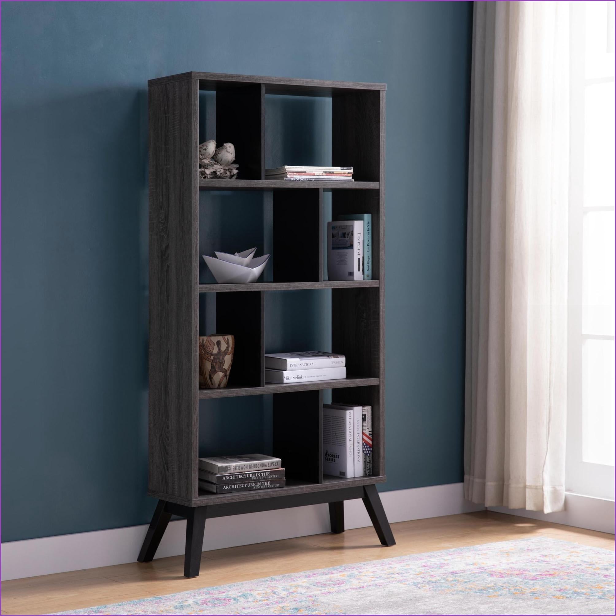 Bookshelf, Mid-Century Modern 4-Tier Distressed Gray Storage ...
