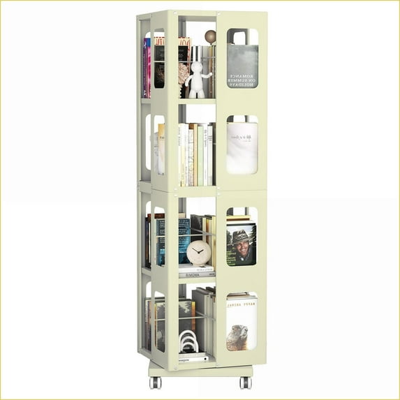 Bookshelf, Modern 4-Tier All-Steel Rotating 360° Wheels, Space-Saving ...