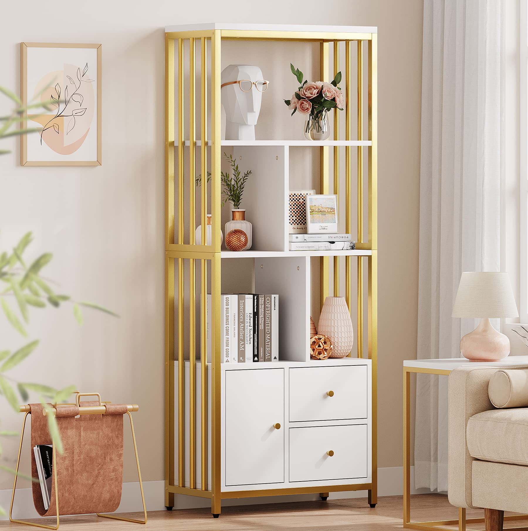 Bookshelf Modern Bookcase with Drawers Gold Storage Rack Shelf Tall ...