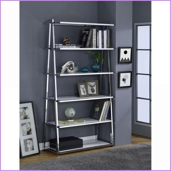 Bookshelf, Modern White High Gloss with 6 Fixed Shelves | Chrome Metal ...