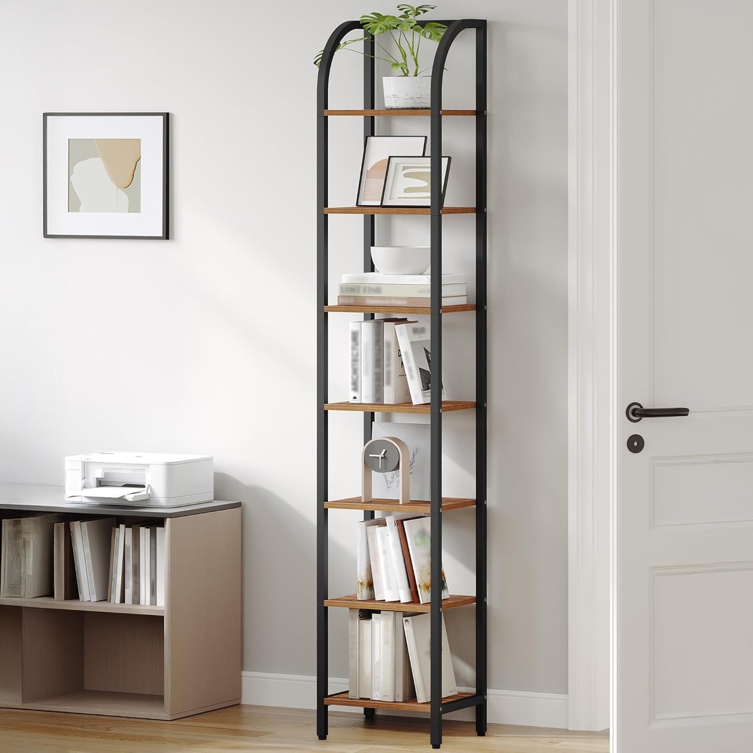 Bookshelf Narrow Bookcase, Tall Storage Rack with Frame, Display ...