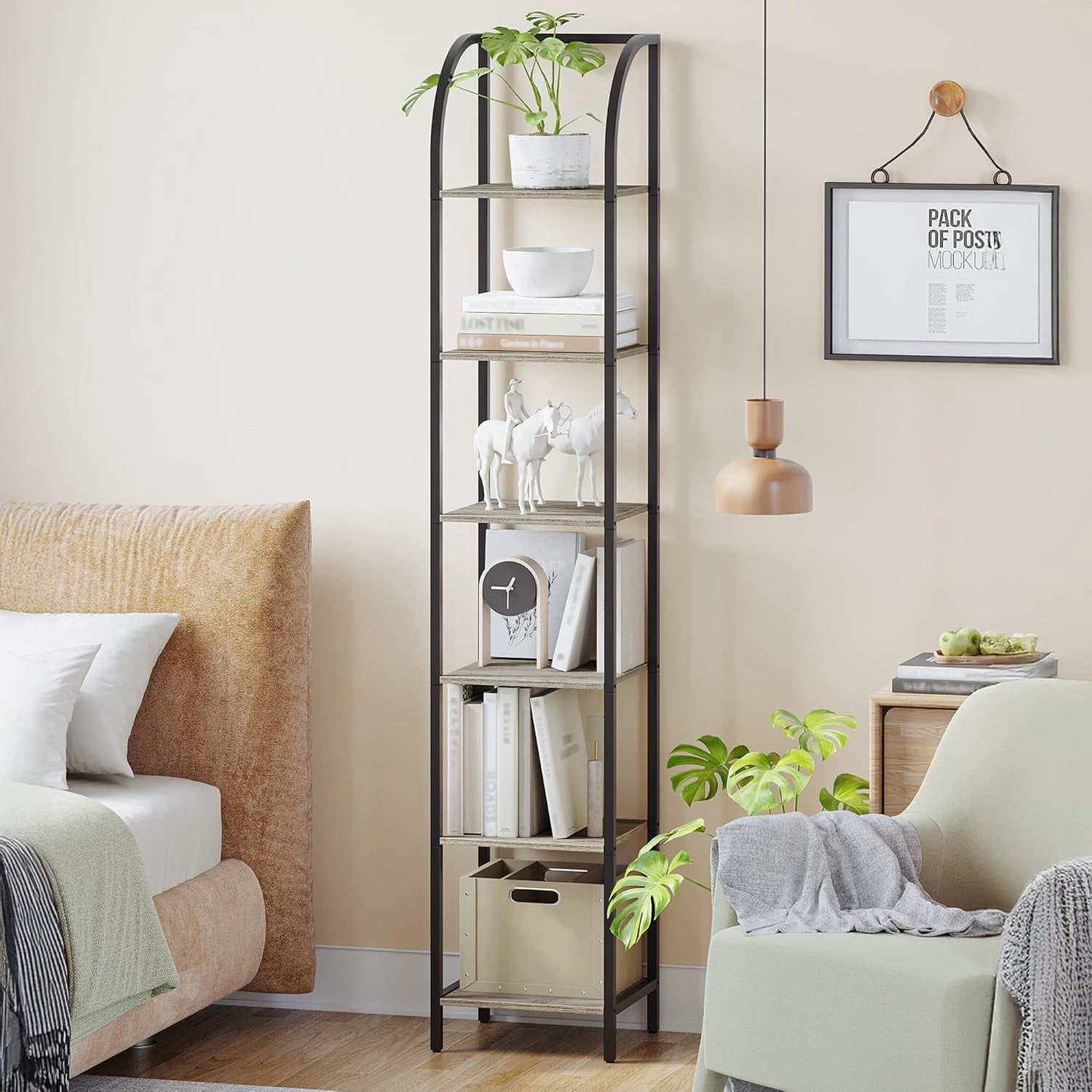 Bookshelf Narrow Bookcase, Tall Storage Rack with Steel Frame, Display ...
