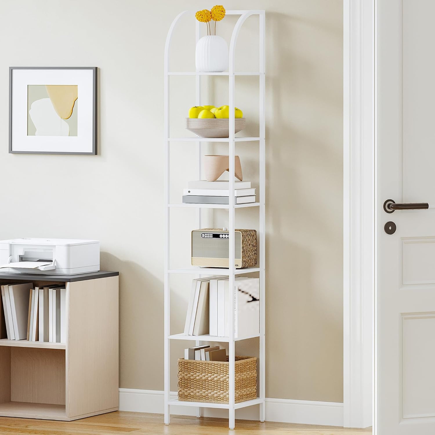 Bookshelf Narrow Bookcase, Tall Storage Rack with Steel Frame, Display ...