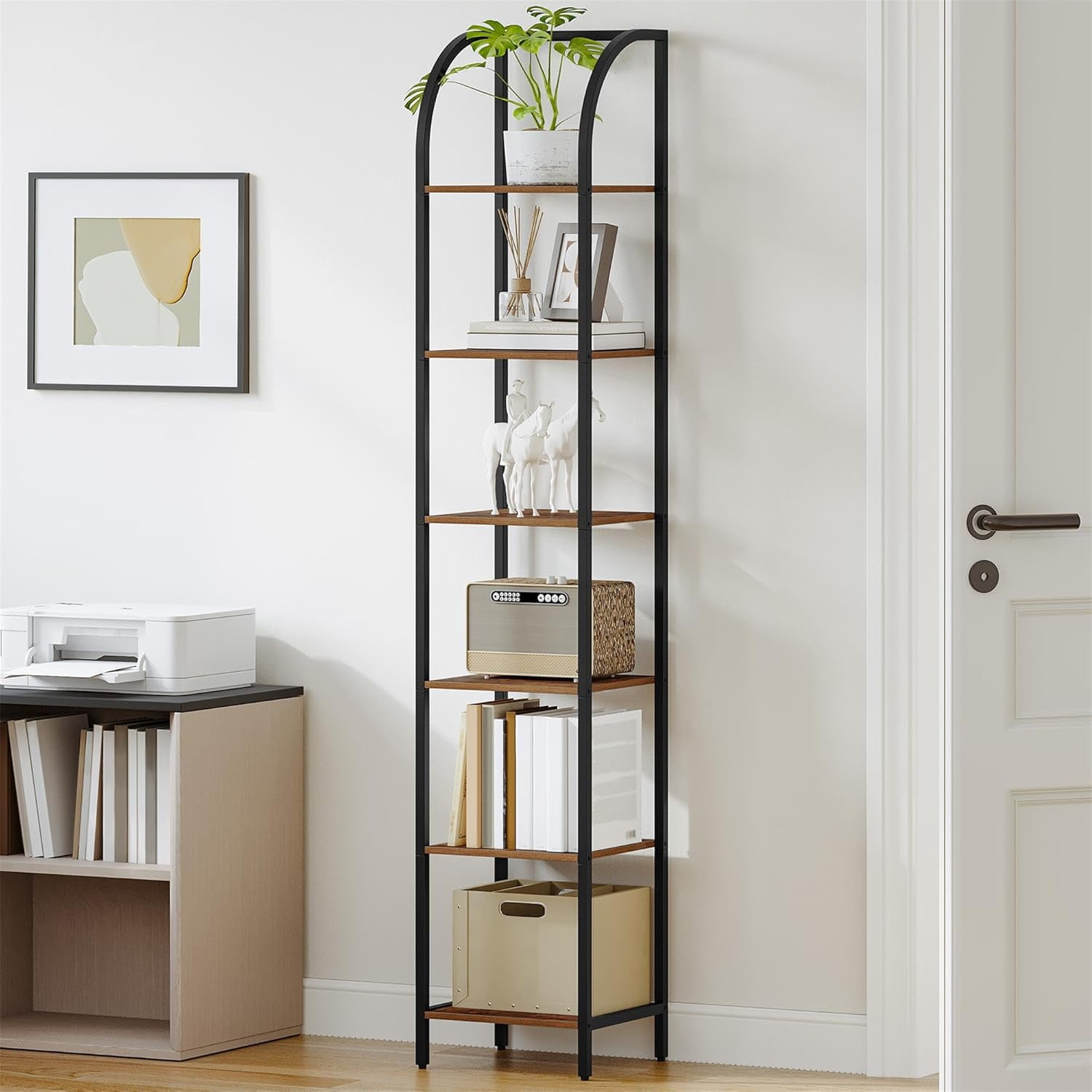 Bookshelf Narrow Bookcase, Tall Storage Rack with Steel Frame, Display ...